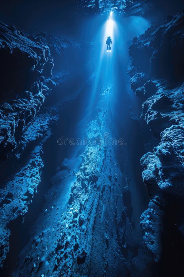 Deep Underwater Cave Exploration with Diver Illuminated by Sun Rays ...