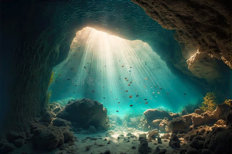 Deep Underwater Cave with Stones Under Rays of Sun Stock Illustration ...