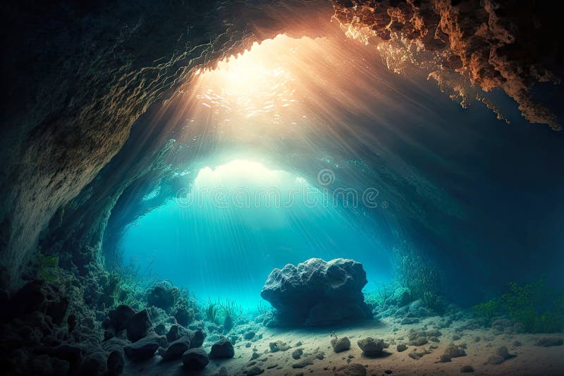 Deep Underwater Cave with Stones Under Rays of Sun Stock Photo - Image ...