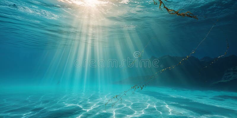 Deep Underwater Ocean Scene with Sunlight Rays and Blue Gradient Seabed ...