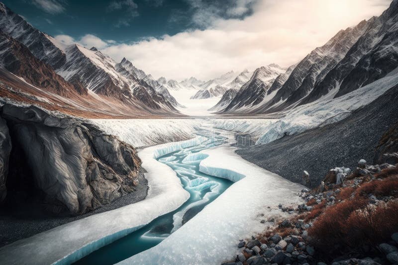 Deep Valley in Glacier among Mountains with Ice and Snow River in Ice ...