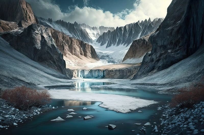 Deep Valley in Glacier among Mountains with Ice and Snow River in Ice ...