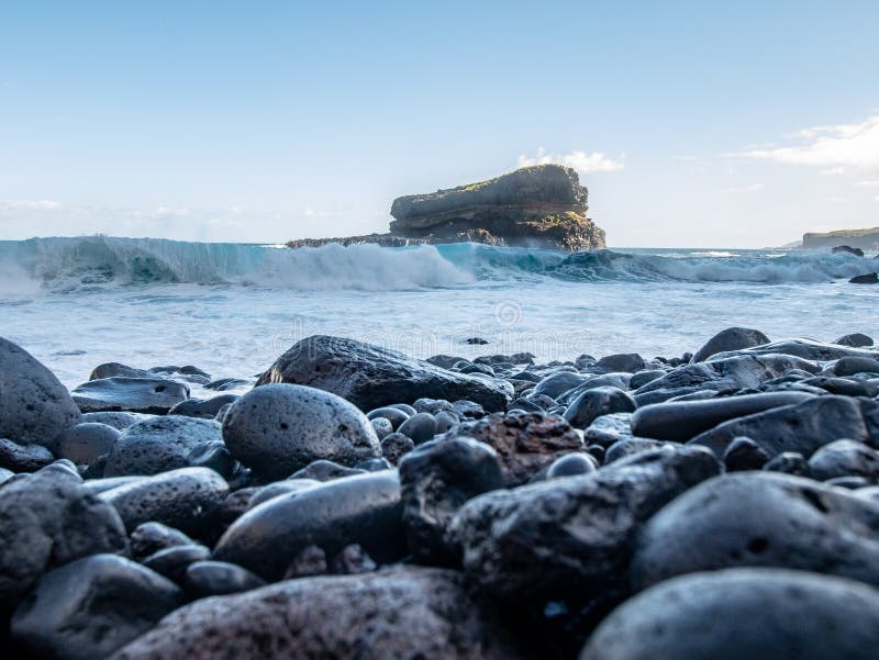 Deep View from the Stone Beach To the Rock in the Sea Stock Photo ...