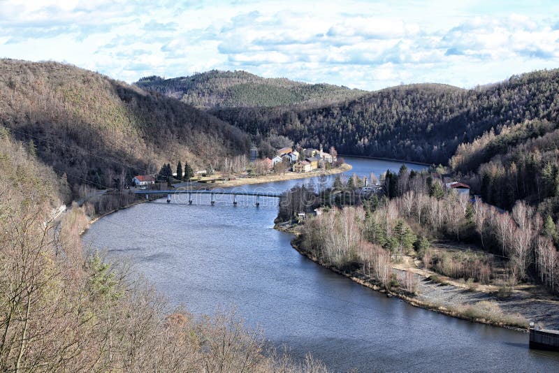 Deep Vltava River Valley with Path Bridge and Small Village Stock Image ...