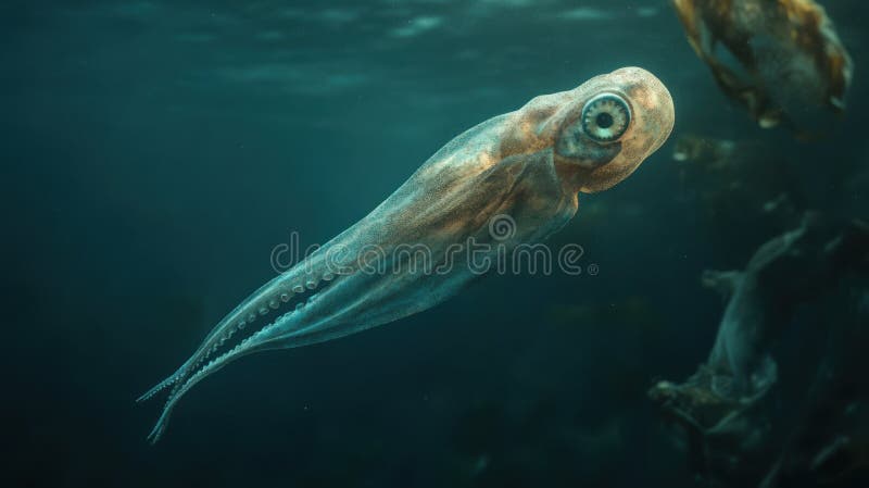 Deep-water Scene with Squid and Microplastics, Showcasing Marine ...