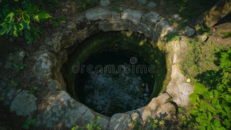Deep Well Surrounded by Stone with Clear Water Reflecting Light Nestled ...