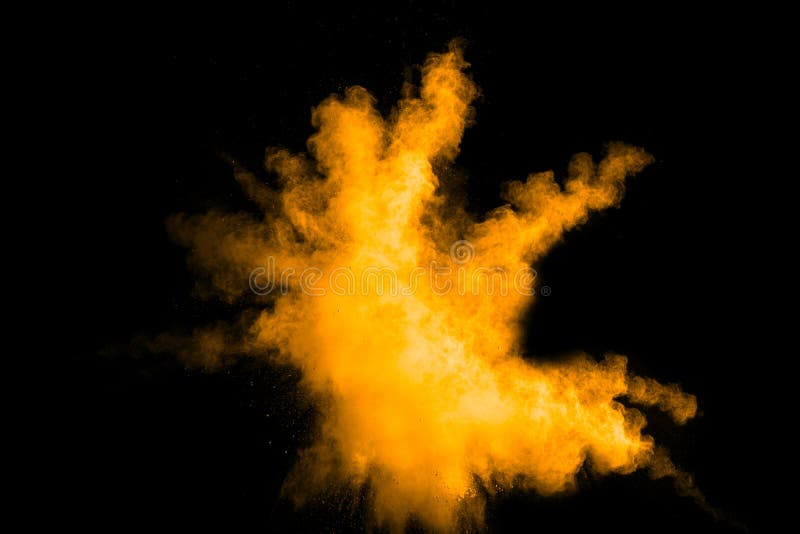Deep Yellow Color Powder Explosion Cloud Isolated on Black Background ...