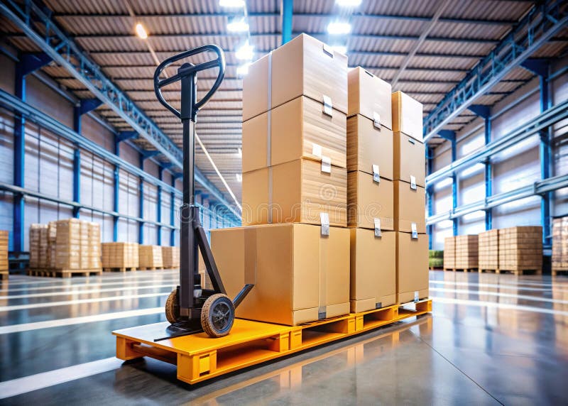 DeepFocus View of a Modern Logistics Warehouse Pallet Jack Cartons and ...