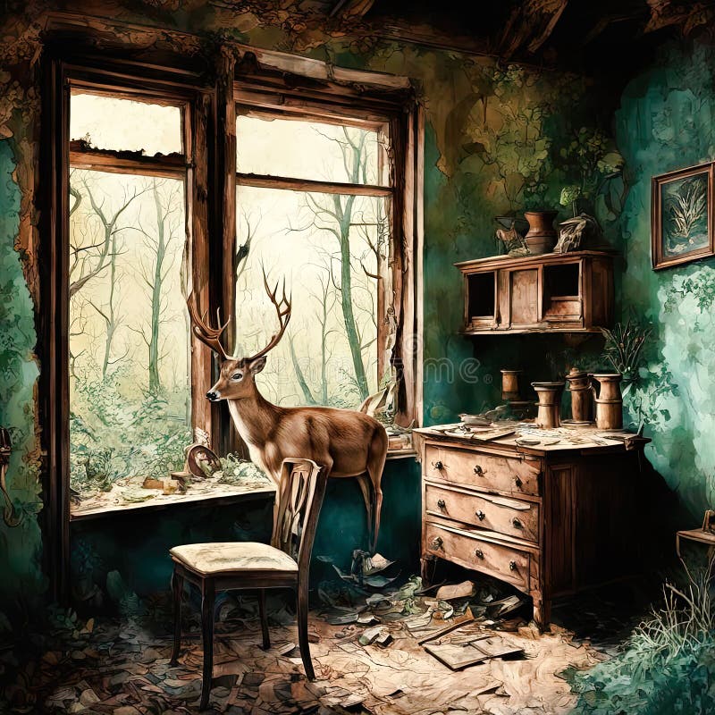 Deer in an Abandoned House stock illustration. Illustration of ghost ...