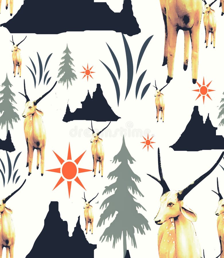 Deer Animal and Nature Shaped Seamless Pattern Stock Illustration ...