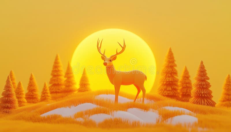 Deer with Antlers Posing on Grass-Covered Hill in Coniferous Forest ...