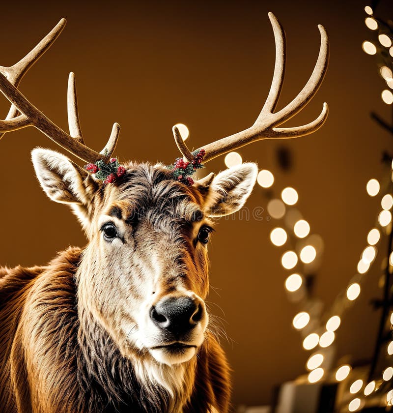 A Deer with Antlers and a Red Nose Standing in Front of a Christmas ...