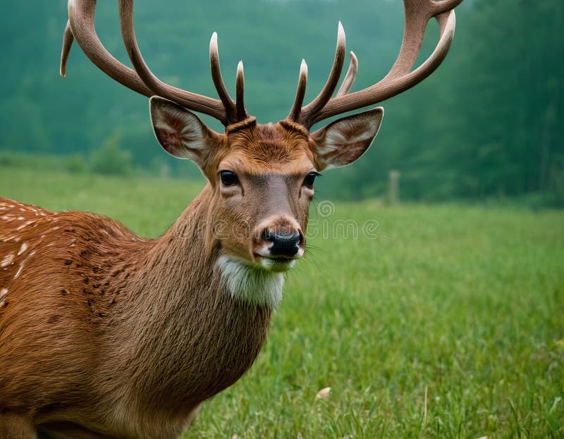A Deer with Antlers is Standing in a Grassy Field Stock Illustration ...