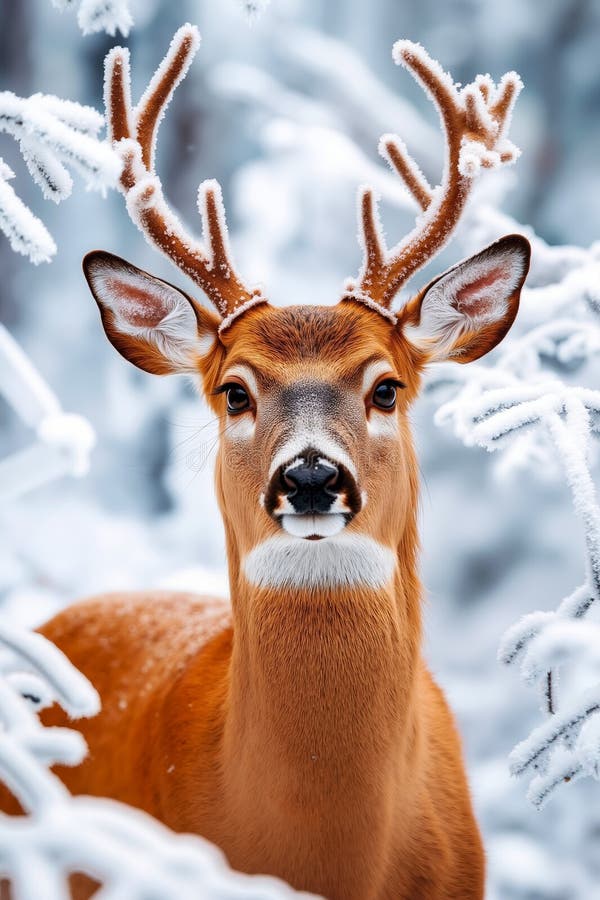 A Deer with Antlers Standing in the Snow in the Woods Stock Image ...