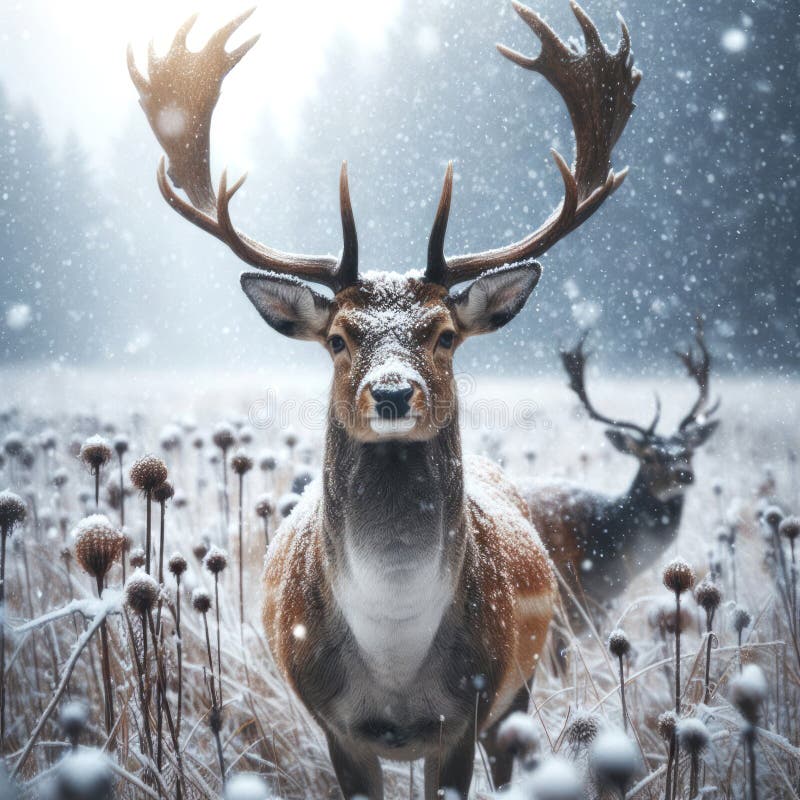 A Deer with Antlers Standing in a Snowy Field with Snow Falling on it ...