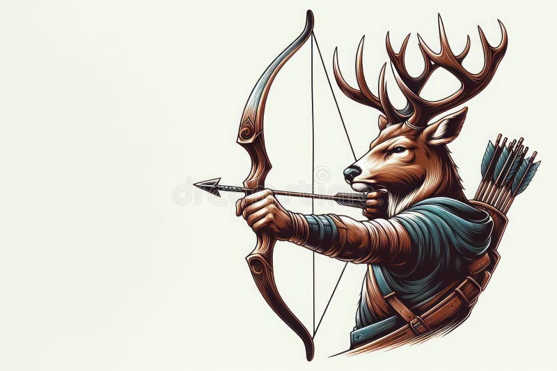 A Deer Archer with a Bow and Arrows. Space for Text. Stock Photo ...