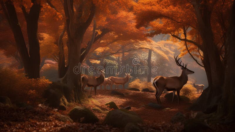 Deer in the Autumn Forest. 3D Render. Fall Season Stock Illustration ...