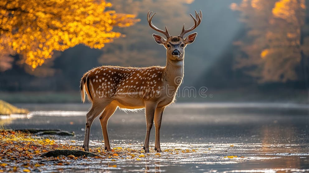 Deer in Autumn Forest by Water Stock Illustration - Illustration of ...