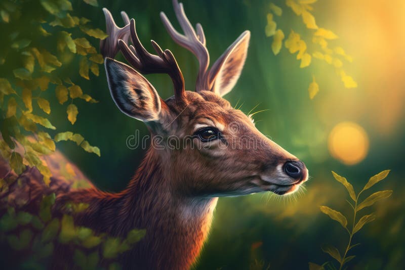 A Deer Bathed in the Warm Light of the Spring Sun, with Green Foliage ...