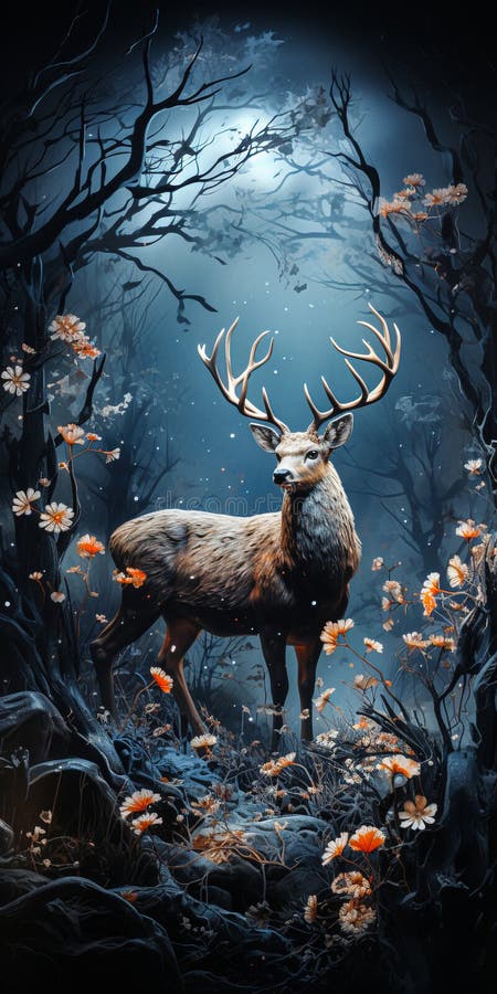 A Deer in the Beautiful Dark Forest at Night Generative AI Stock ...