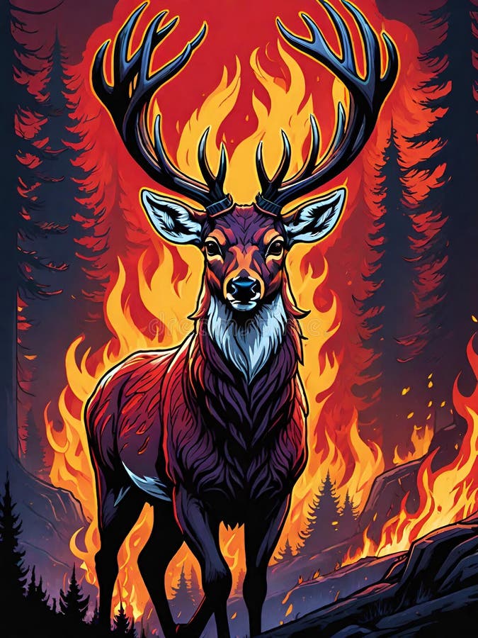 Deer with Burning Fire in the Forest Stock Illustration - Illustration ...