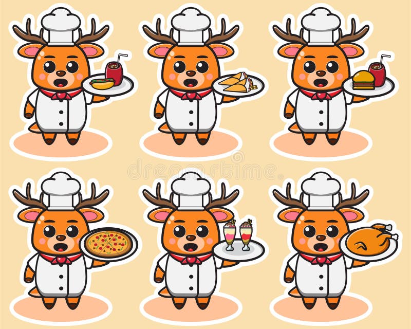 Vector Illustration of Cute Little Deer Chef with Food Set. Stock ...