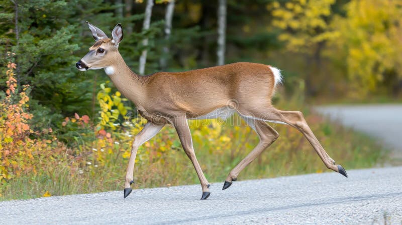 Deer Cautiously Crossing Wildlife Corridor Surrounded by Autumn Forest ...