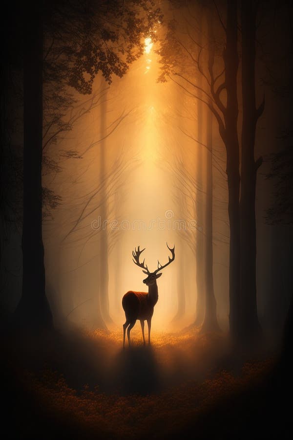 Deer in Dark Forest, Morning Sun. Generative AI Stock Illustration ...