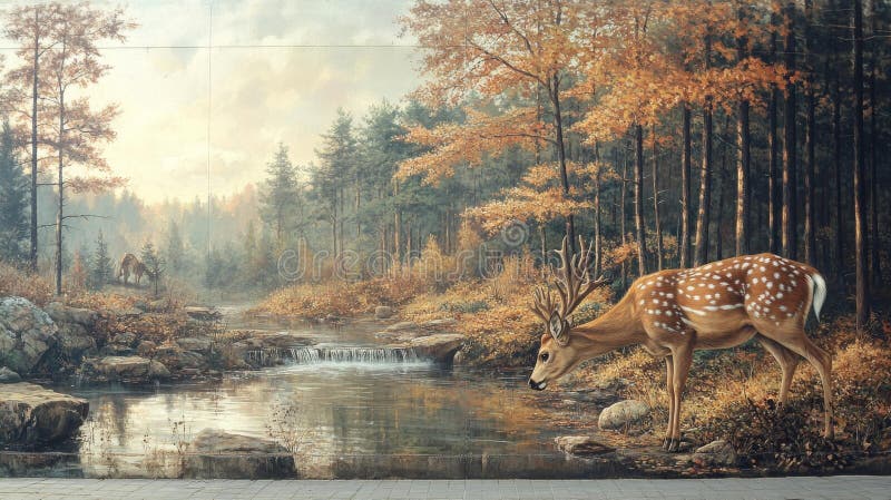 Deer Drinking from a Forest Stream in Autumn - Generative Ai Stock ...
