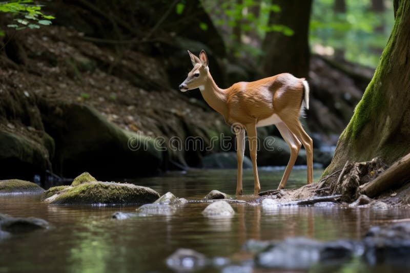 A Deer Drinking from a Forest Stream Stock Illustration - Illustration ...