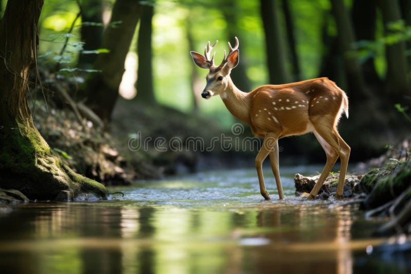 A Deer Drinking from a Forest Stream Stock Photo - Image of water ...