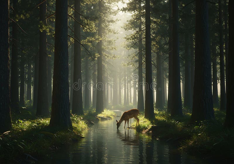 Deer Drinking from Forest Stream, Generative Ai Stock Illustration ...