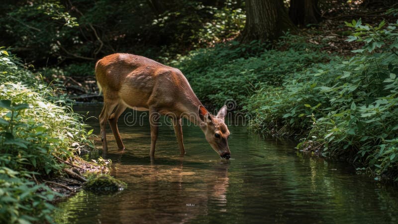 Deer Drinking from Forest Stream Stock Illustration - Illustration of ...