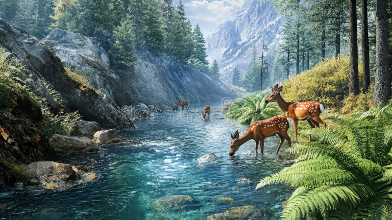 Deer Drinking from Mountain Stream Stock Photo - Image of green ...