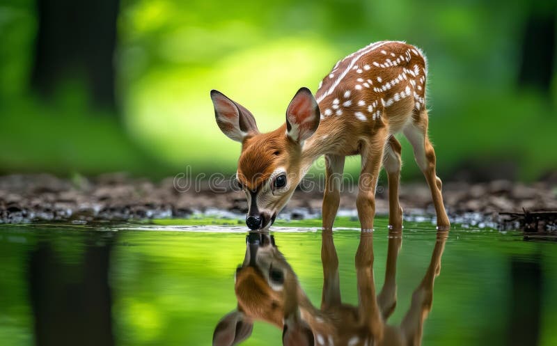 A Deer Drinking from a Stream, Its Reflection Perfectly Mirrored in the ...