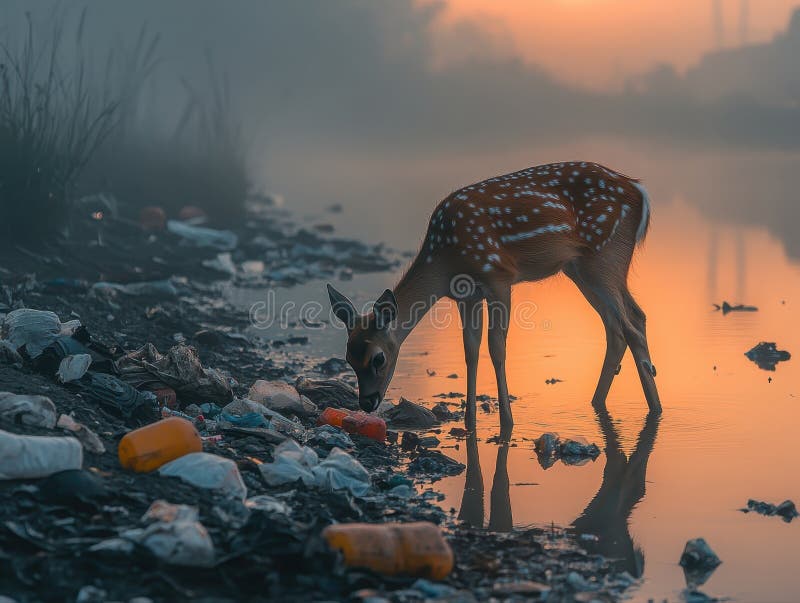 Deer Drinking Water from Contaminated Pond Surrounded by Garbage and ...