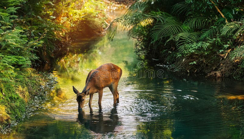 A Deer is Drinking Water in a Stream Stock Illustration - Illustration ...