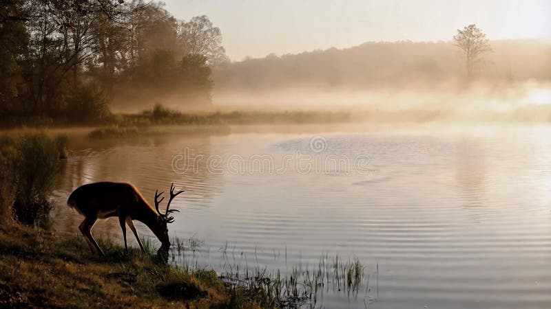 Deer Drinks Water from a Lake on a Foggy Morning Stock Video - Video of ...