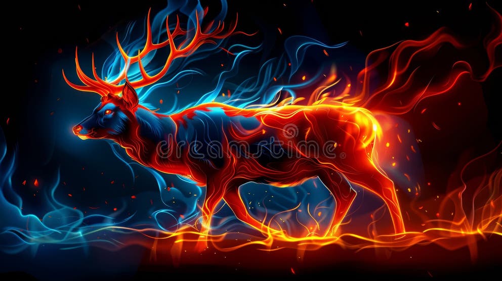 A Deer is in Flames on a Black Background, a Magical Creature Made of ...