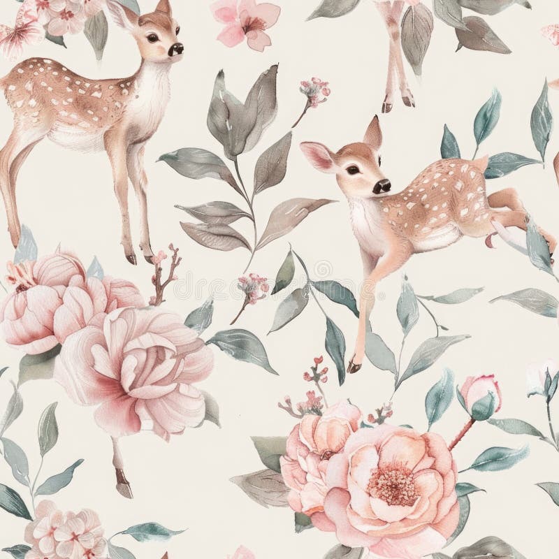 Deer and Flowers on White Background Stock Photo - Image of gentle ...