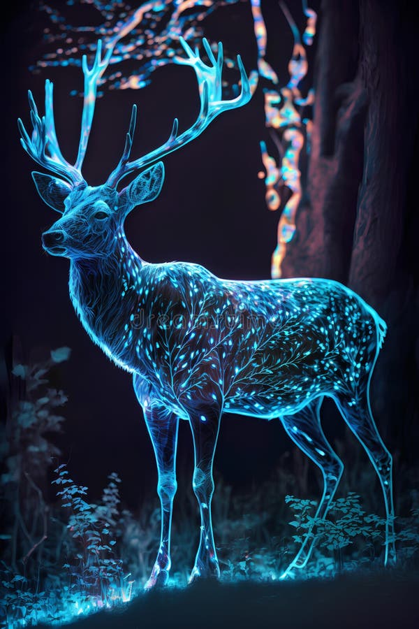 Deer in the Forest. 3D Rendering. Neon Lights Stock Illustration ...