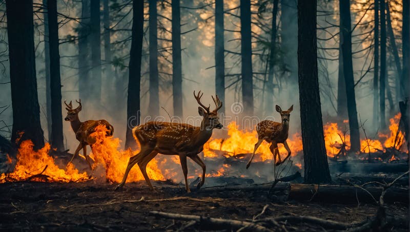 Deer Forest Fire, Trees in Smoke, Flames Escape Stock Illustration ...