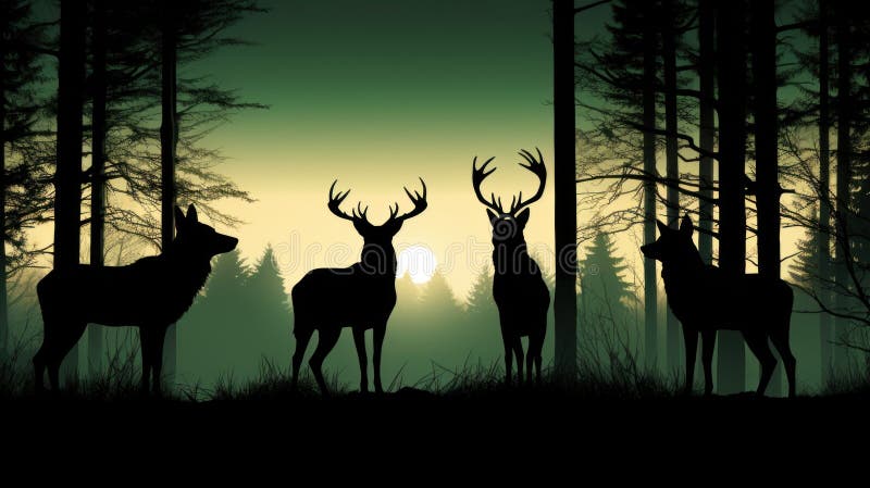 Deer in the Forest at Sunset, AI Stock Illustration - Illustration of ...