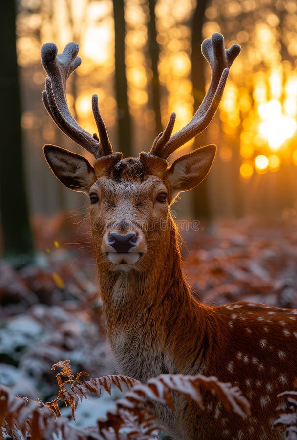 Deer in a Forest at Sunset. a Deer with Large Antlers Stands in a Snowy ...