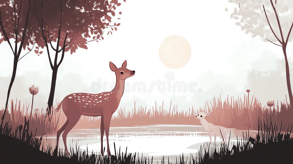 Deer and Fox by Tranquil Reflection Pond Stock Illustration ...