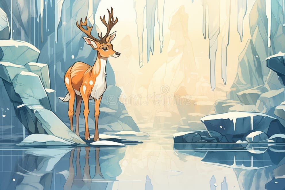 A Deer Gazing at the Reflection of a Frozen Waterfall Stock ...