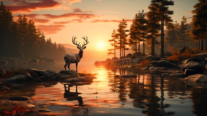 Deer Grazing Drinking Water Peacefully in Lake at Sunset Stock Image ...