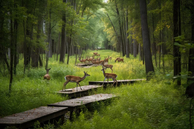 Deer Grazing in Forest with Duckboards Path Visible Stock Illustration ...