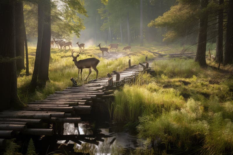 Deer Grazing in Forest with Duckboards Path Visible Stock Illustration ...