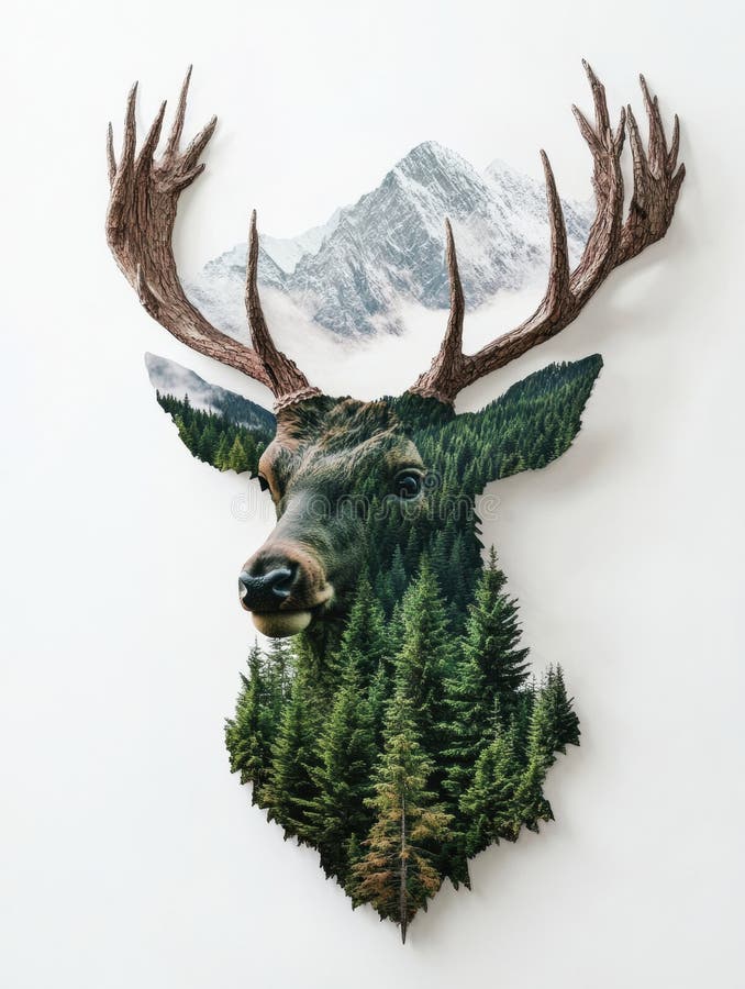Creative Deer Head Made from Layered Mountain Ridges and Pine Tree ...